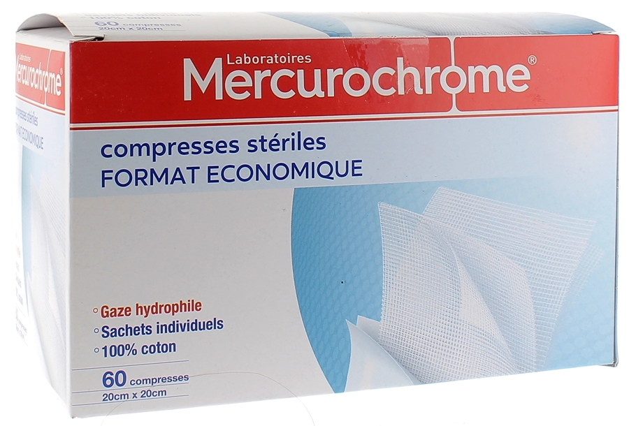 Compresses stériles coton format économique Mercurochrome