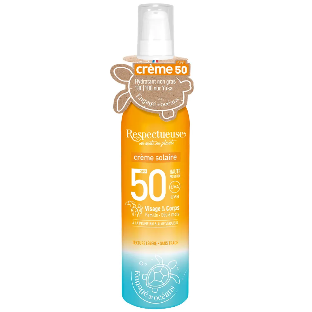 Crème solaire SPF50 Respectueuse - texture légère, peau sensible