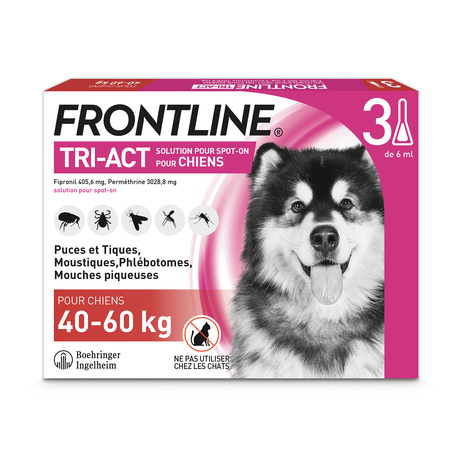 Frontline Tri-Act chiens 40-60 kg, 3 pipettes de 6 ml
