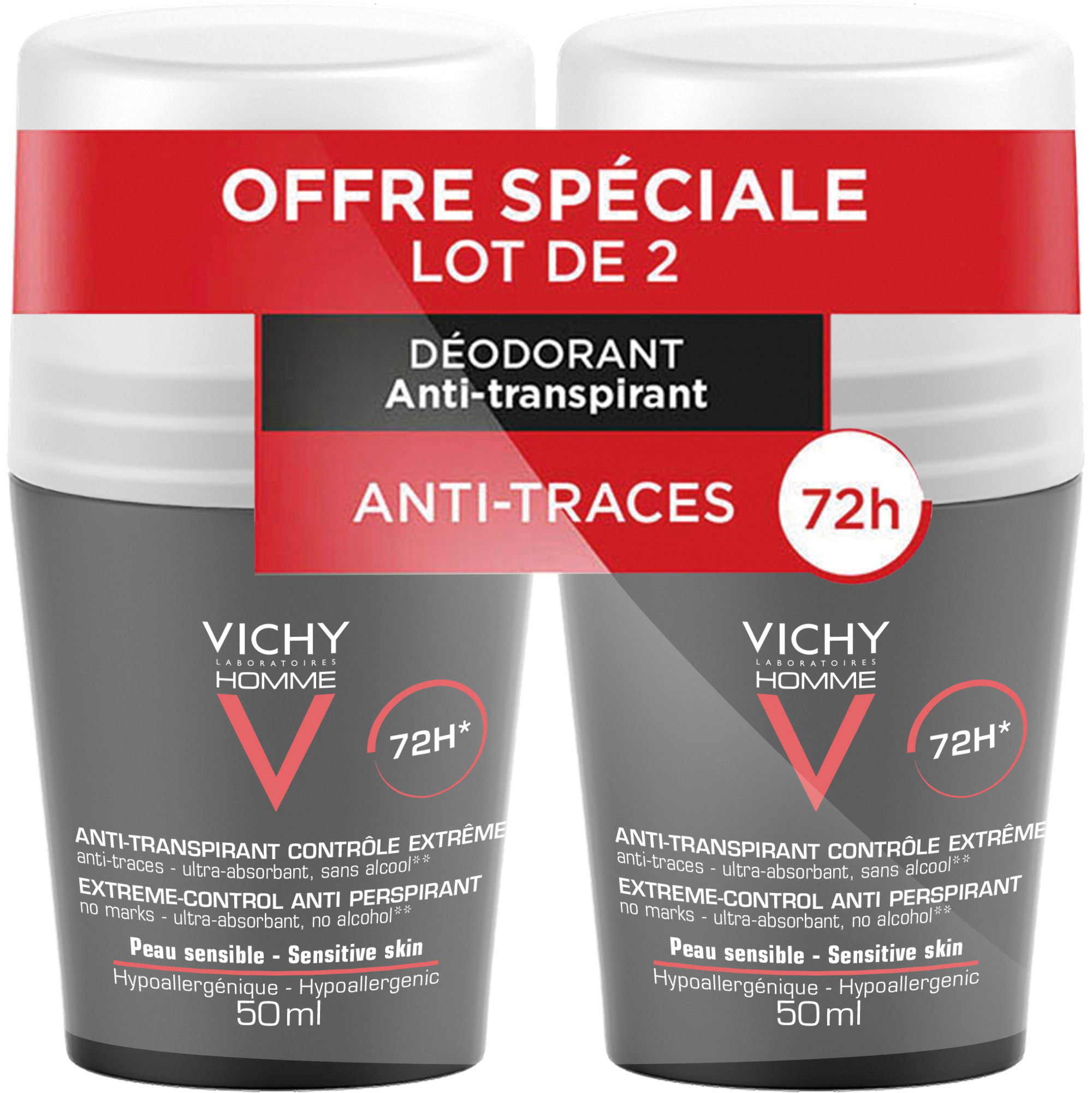 Vichy : Déodorant anti-transpirant 72h peau sensible Vichy homme, lot de 2 flacons bille de 50 ml