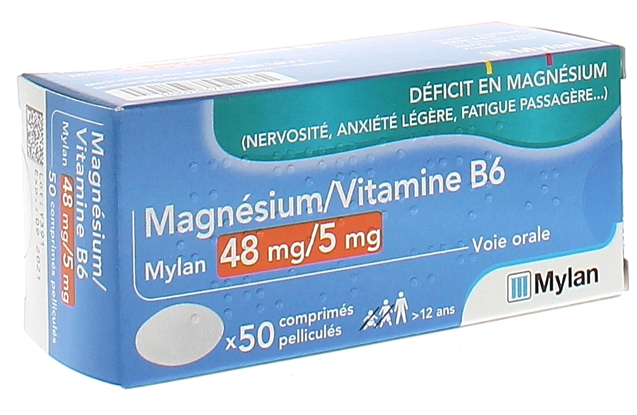 Magnesium Vitamine B6 Mylan 48mg/5mg, 50 comprimés pelliculés